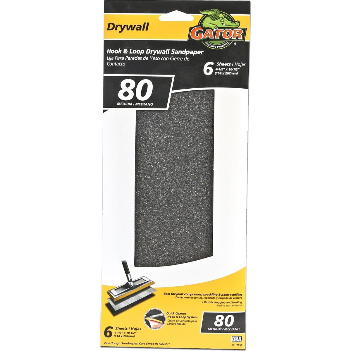 Gator 80 Grit Hook & Loop Medium Drywall Sandpaper, 4-1/2 in. x 10-1/2 ...