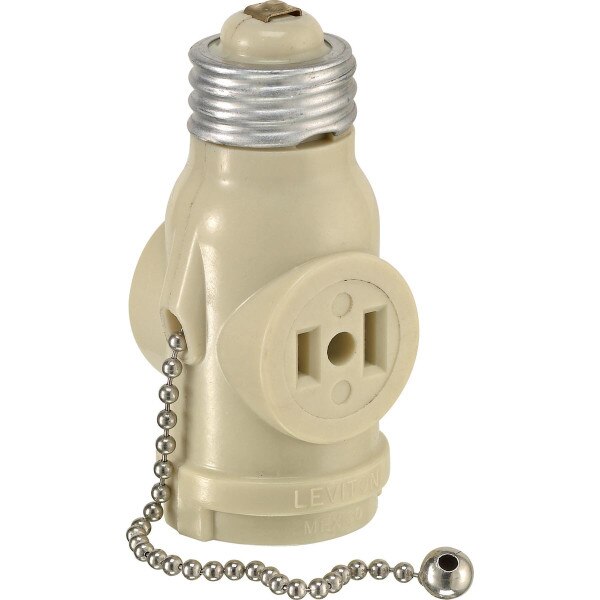 Leviton Socket Adapter with Outlets and Pullchain, Ivory | City Mill
