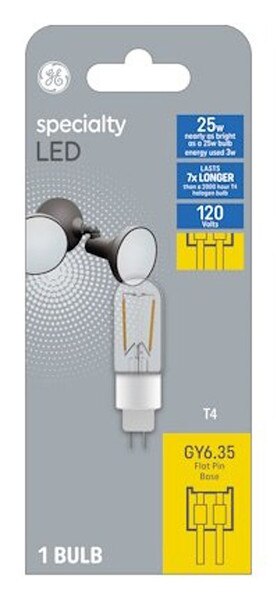 GE 93129030 Light Bulb, 25 W, G6.35 Lamp Base, T4 Lamp, Soft White ...